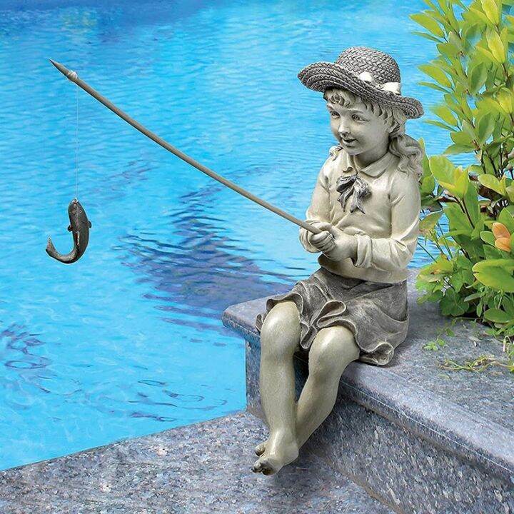 Cartoon Fisher Girl Figurine Resin Fisherman Sitting Posture Statue ...