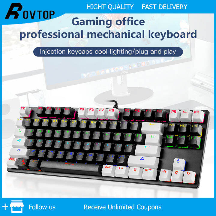 Rovtop Mechanical Keyboard Wired Gaming Keyboard 87 Keys LED Backlit Mini Compact Keyboards For ...