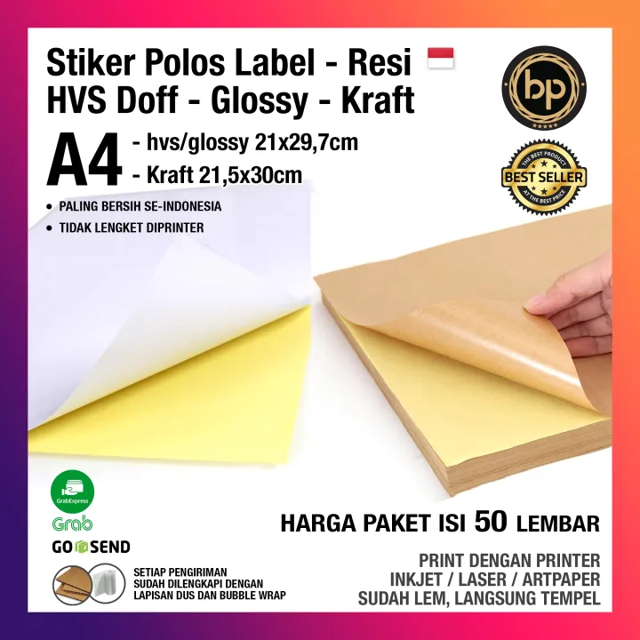 [A4 - PAKET 50 LEMBAR] STICKER STIKER POLOS HVS DOFF / GLOSSY / KRAFT ...