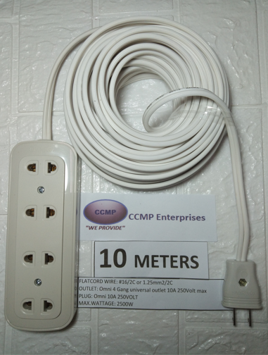 10 meters Heavy Duty Extension Cord / 4 Gang / Flat cord #16 / White ...
