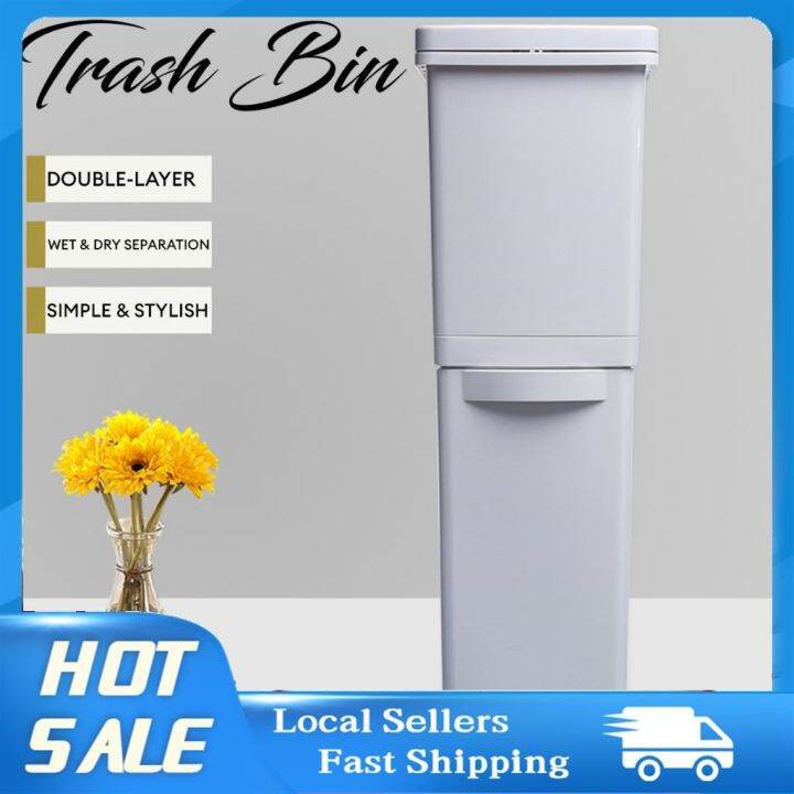 Local delivery 】 32L Rolling Kitchen Trash Can 2 Layer Waste Bin Wet ...
