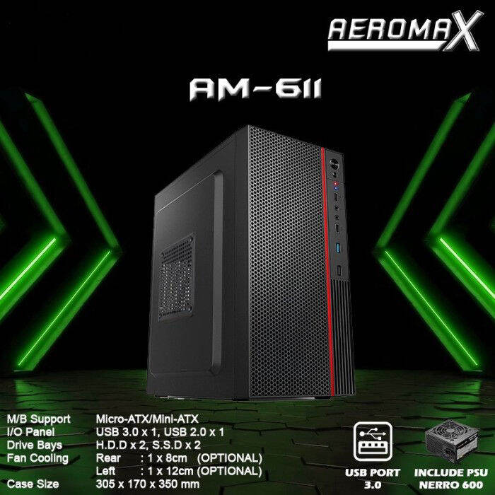 Casing pc cpu Power Up Aeromax 611 Case PC Komputer Plus PSU 600W ...