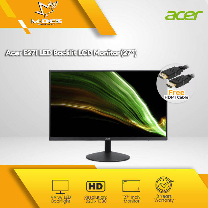 Acer E271 27 INCH FHD IPS Zero Frame Monitor ( 1920 x 1080 ) with 75Hz ...