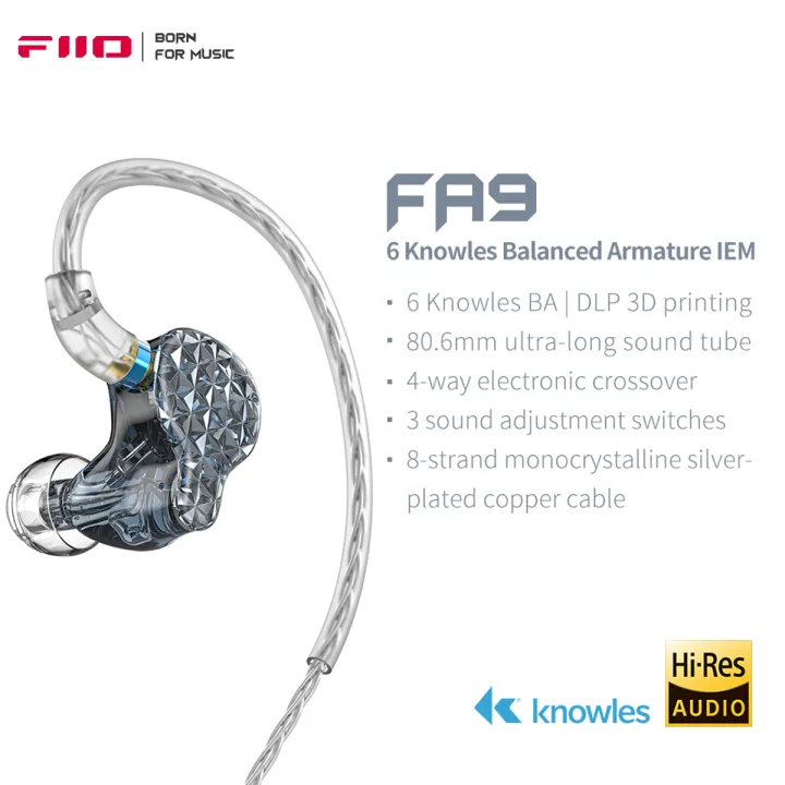 FiiO FA9 In-Ear Earphones Hi-Res 6BA IEMs Detachable MMCX 8-stranded ...