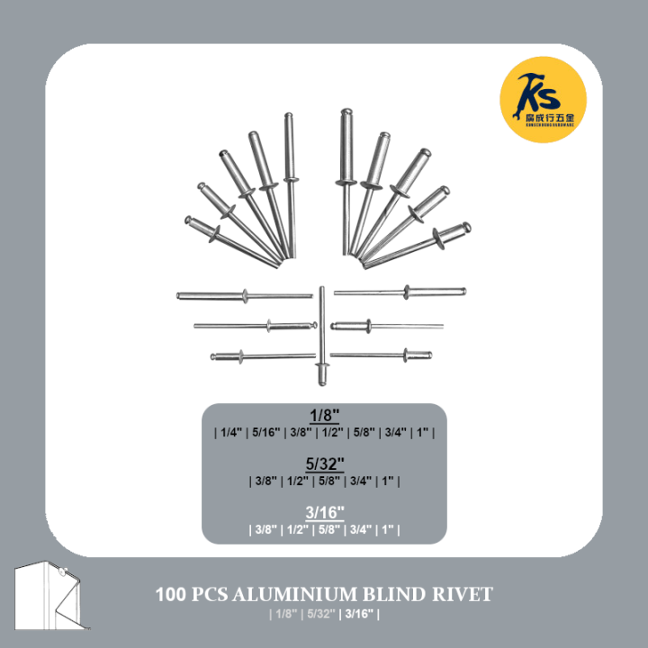100 PCS 3/16" ALUMINIUM BLIND RIVET ( 3/16" X 3/8" | 3/16" X 1/2" | 3/ ...