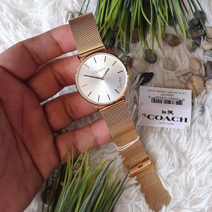 Original Coach Three Hand Perry 40mm White Dial Mesh Bracelet Gold Men ...