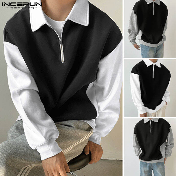 Beehoo INCERUN เสื้อเย็บปกคอปกสีสำหรับผู้ชายแจ็คเก็ตมีซิปเย็บปะติด ...