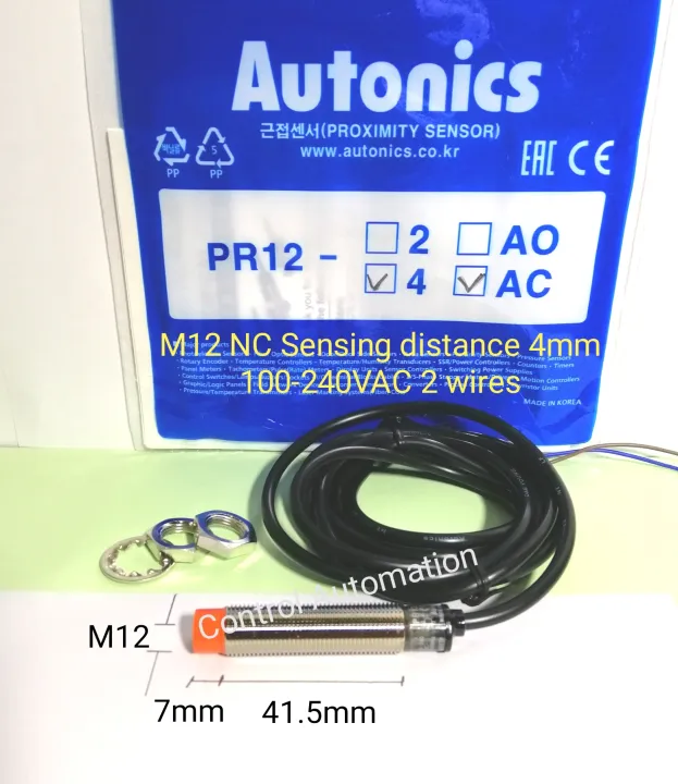 Autonics PR12-4AC M12 NC Sensing Distance 4mm, 100-240VAC, AC Voltage 2 Wires Proximity Sensor ...