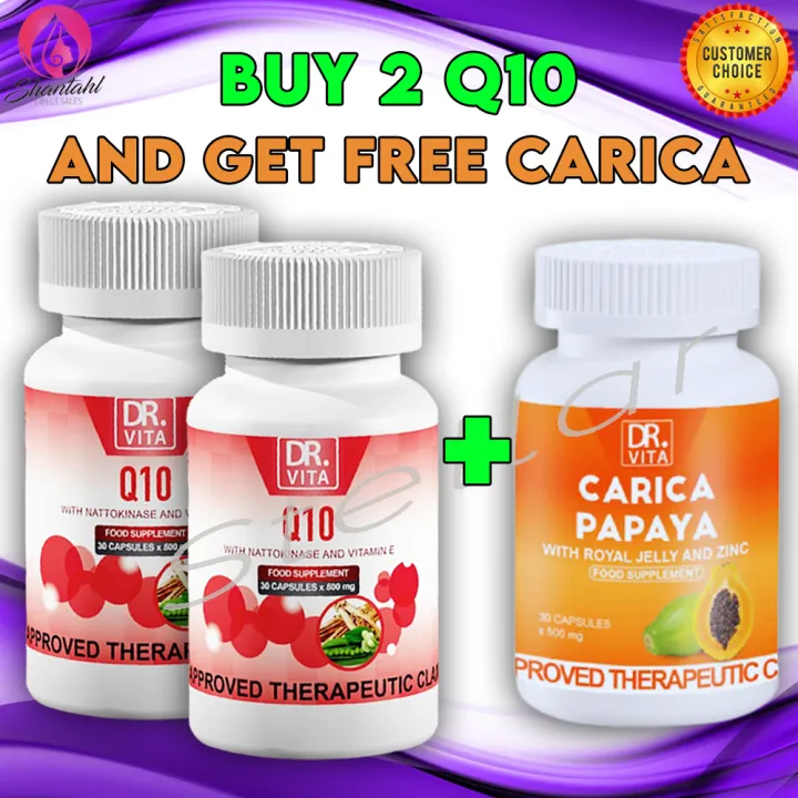 FREE CARICA PAPAYA! 2 BOTTLES OF Authentic Dr. Vita Q10 with Nattokinase and Vitamin E for ...