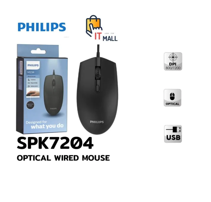 PHILIPS M204 SPK7204 OPTICAL WIRED MOUSE รับประกันศูนย์ 1 ปี | Lazada.co.th