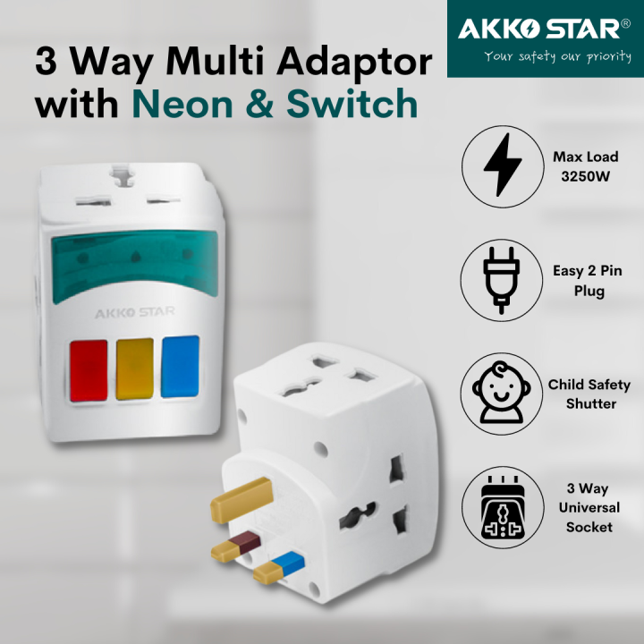 13A 3 Way Multi Adaptor Socket with Switch and Neon | Wall Plug ...