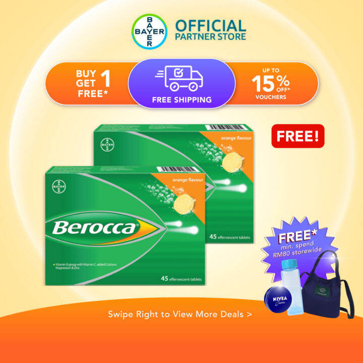 ☀Pack of 2 Berocca Orange Effervescent Tablets (2 packs x 45 tablets)♟ ...