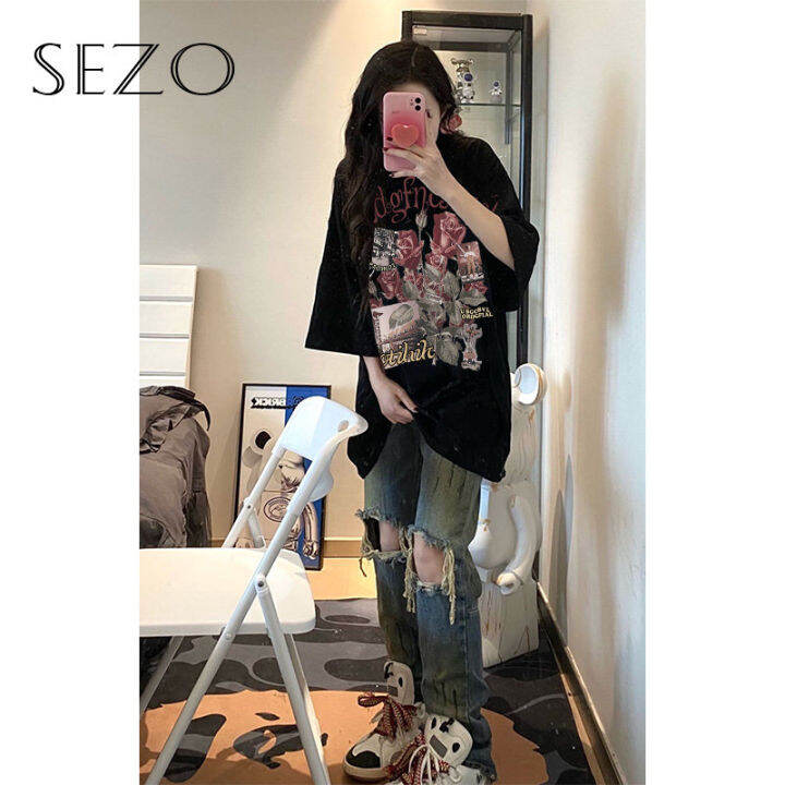 SEZO เสื้อยืดแขนแขนสั้นคอกลมสำหรับผู้หญิงสไตล์เกาหลีขนาดใหญ่ | Lazada.co.th