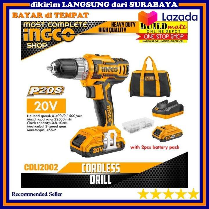 INGCO Li-Ion Cordless Drill 20V 47PCS Accessories CDLI2002 POWERSHARE ...