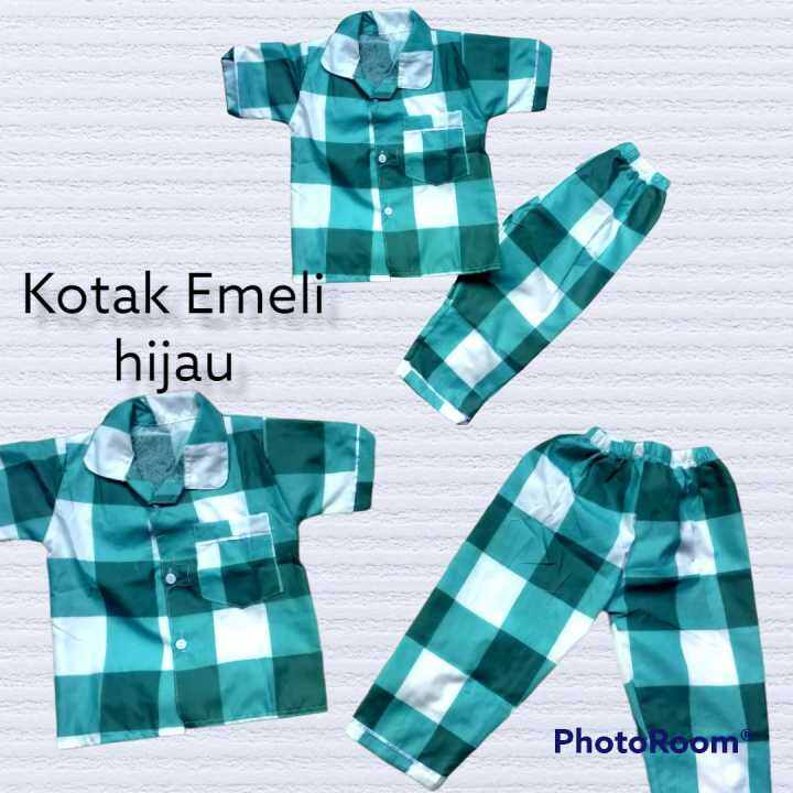new piama kotak emeli hijau//piama terlaris//ukuran 0-10thn//piyama ...