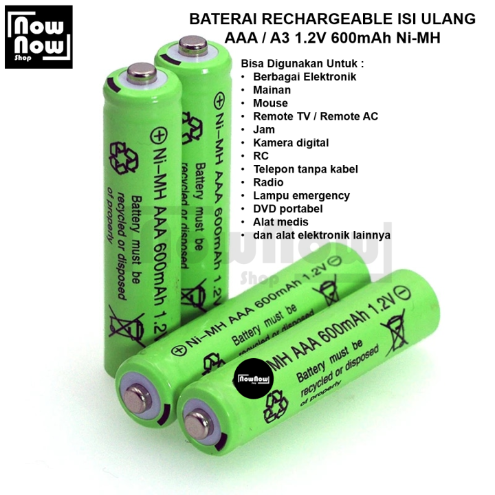 Baterai Rechargeable Isi Ulang AAA / A3 1.2V 600Mah Ni-MH Battery Batre ...