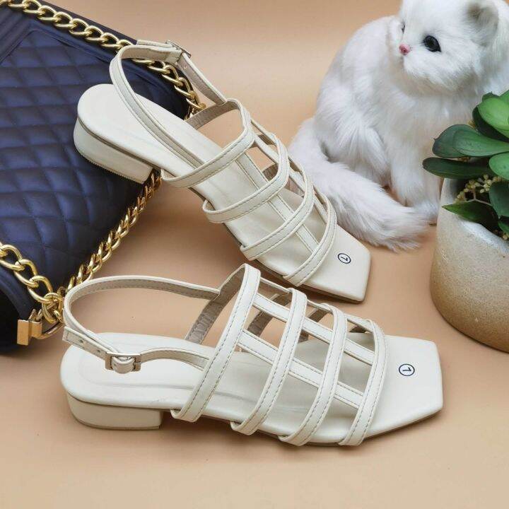 1inch Square toe Box strap leather block heels women wedge sandals ...