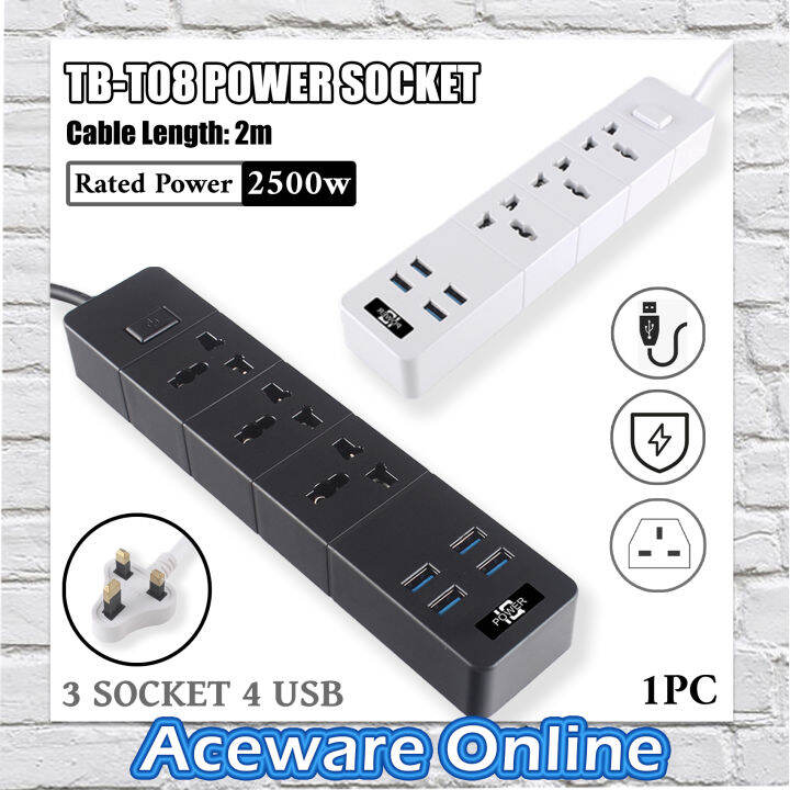 TB-T08 3 SOCKET 4 USB POWER SOCKET EXTENSION 2500W 2-Meter Universal Power Extension UK Plug USB ...