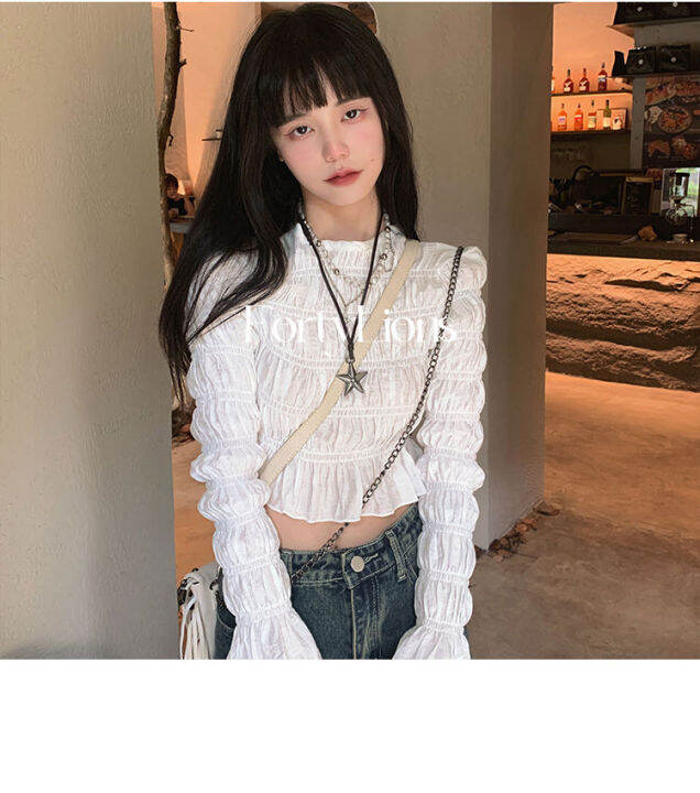 Coconie เสื้อเบลาส์เอวเปิดคอลูกเรือผู้หญิงสไตล์เกาหลีแบบใหม่เสื้อสั้น ...