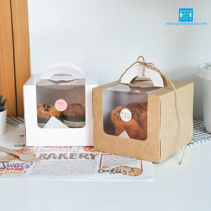 Goodboxpack (20ใบ/แพ็ค) กล่องเค้กครึ่งปอนด์ กล่องเค้กครึ่งปอนด์หูหิ้ว กล่องกระดาษ กล่องเบเกอรี่ ...