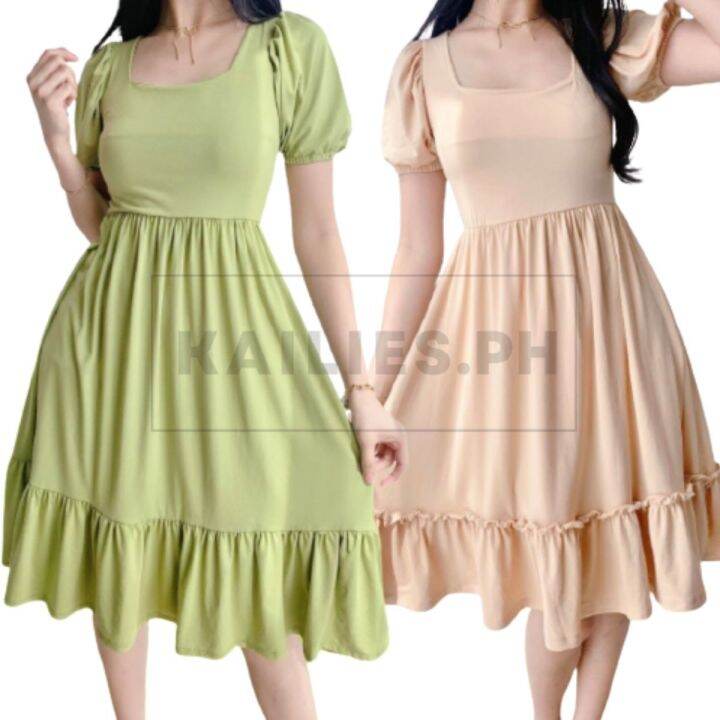 KFS.PH Square Neck lady dress Puff Sleeves Plain Dress For Womens ...