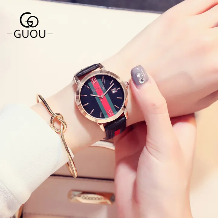 GUOU（100 authentic ） นาฬิกาแฟชั่นสไตล์ยุโรปและเกาหลีย้อนยุค ปฏิทินกัน ...