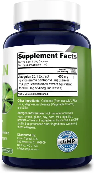 Jiaogulan 9000 mg 180 Veggie Capsules (Extract 20:1, Vegetarian, Non ...