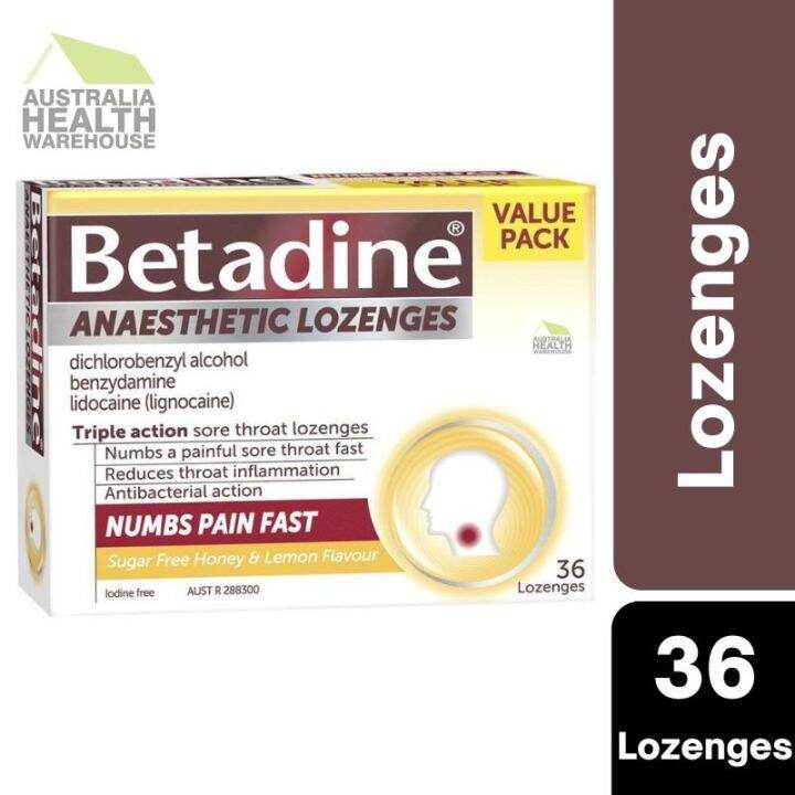 Betadine Sore Throat Lozenges Anaesthetic Honey & Lemon Flavour 36 Pack ...