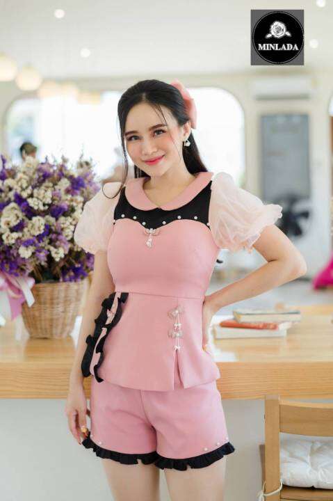 Minlada Brand การันตีเสื้อผ้าแบรนด์แท้ Set เสื้อแขนตุ๊กตาหวานหวานตัดชมพูดำ+ มาพร้อมกางเกง เสื้อ ...