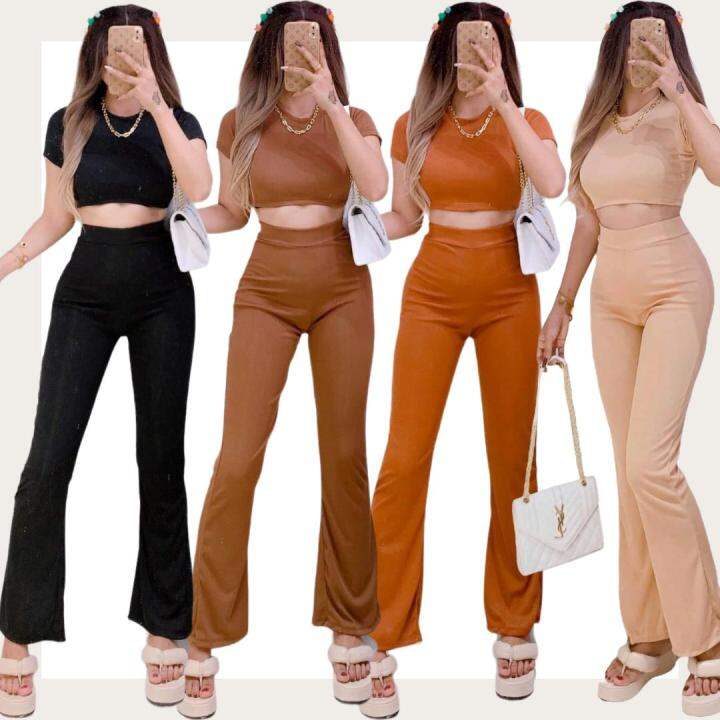 ERA FATIMA Knitted Basic Round Neck Short Sleeve Crop top High Waist ...