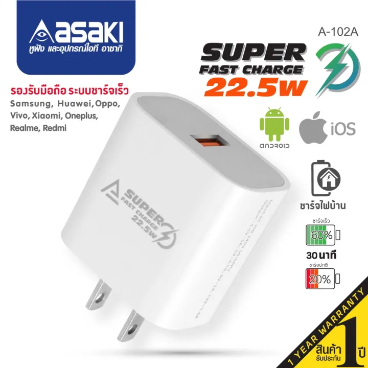 โปรโมชั่น Asaki Adapter Fast Charge หัวชาร์จอะแดปเตอร์ ชาร์จไฟบ้าน จ่ายไฟ 22.5W รุ่น A-102A ราคา ...