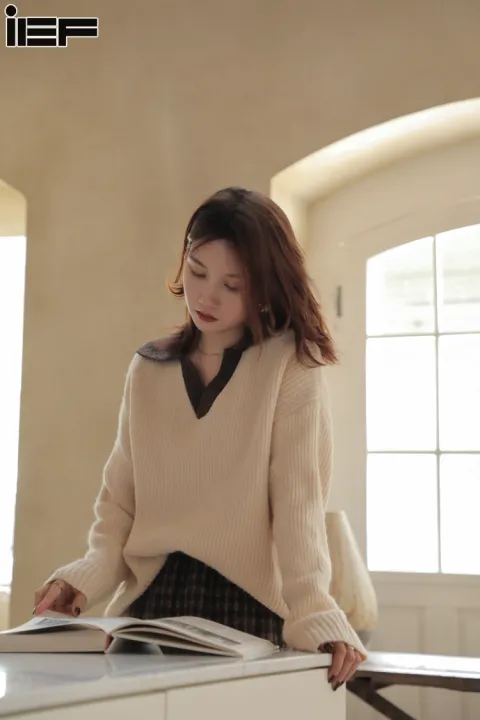 IEF เสื้อกันหนาวสำหรับผู้หญิงฝรั่งเศสย้อนยุคป่าสีจับคู่คอวีเสื้อกันหนาวขนสัตว์ผ้าฝ้ายฤดูใบไม้ ...