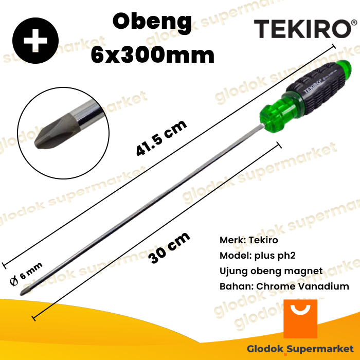 Obeng Plus 12 inch Tekiro Diameter 6mm Panjang Besi 30cm Magnet Gagang ...