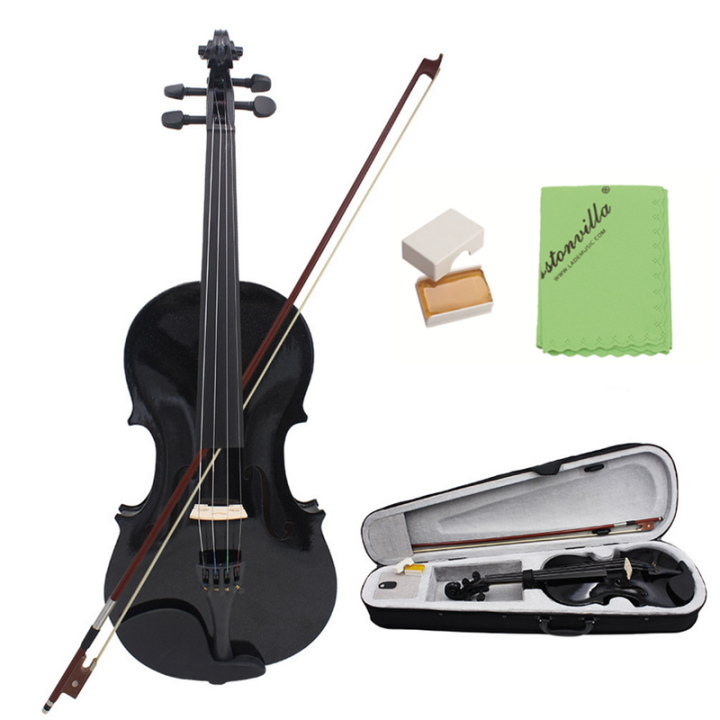 4/4 Full Size Black Acoustic Violin Fiddle with Case & Bow & Rosin Set ...