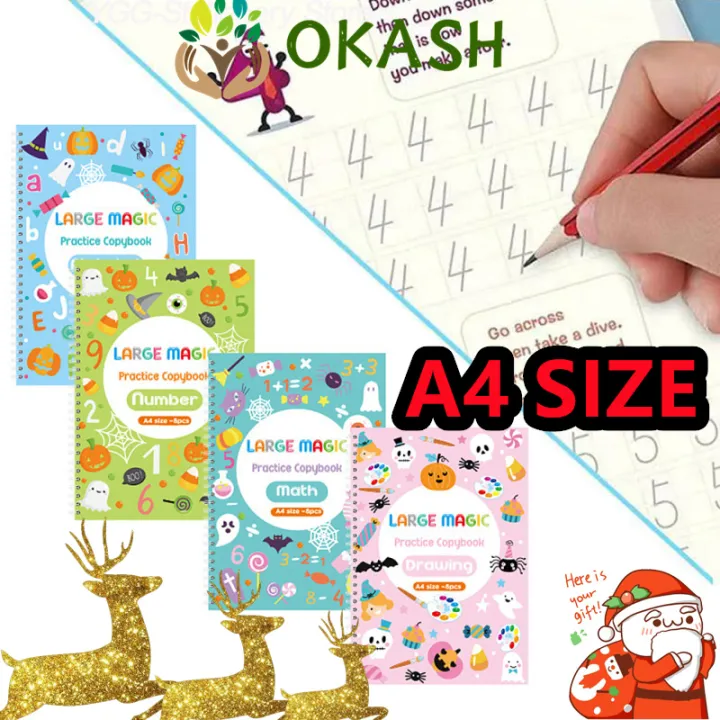 4 Book/Set A4 SIZE Christmas English Copybook Magic Book Handwritten ...