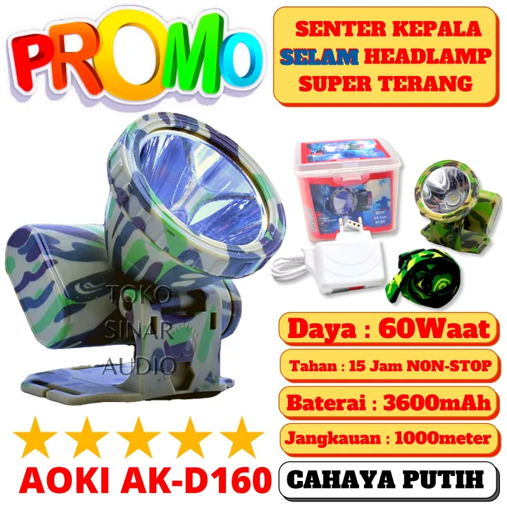 Senter Kepala Selam / Diving Motif Army AOKI AK-D160 60w 60 Watt Super Led Baterai Lithium ...