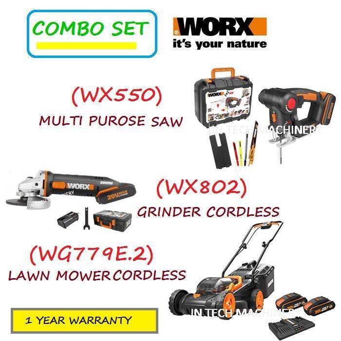 WORX COMBO SET WX550 MULTI PURPOSE SAW+WX802 ANGLE GRINDER CORDLESS+WG779E2 CORDLESS LAWN MOWER ...