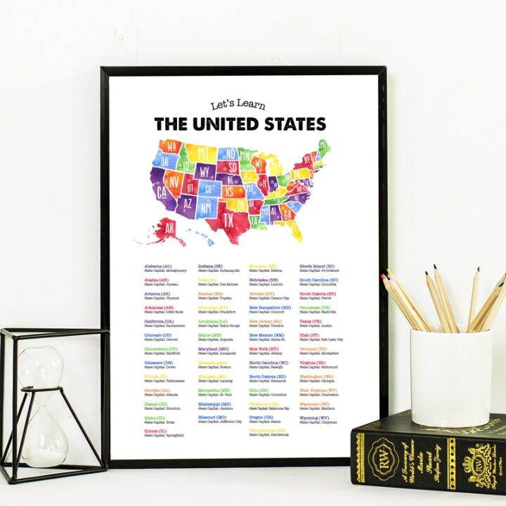 United States Map and Capitals Chart Posters Canvas Painting , America ...