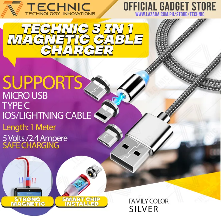 TechNic 3 in 1 Magnetic Cable Charger with Micro USB Type C Lightning ...