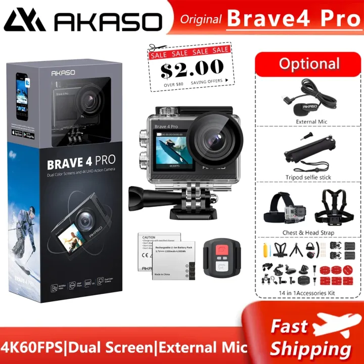 AKASO 4K30FPS Wifi Dual Screen Action Camera Brave 4 Pro 20MP 131Ft Underwater Waterproof Sports ...