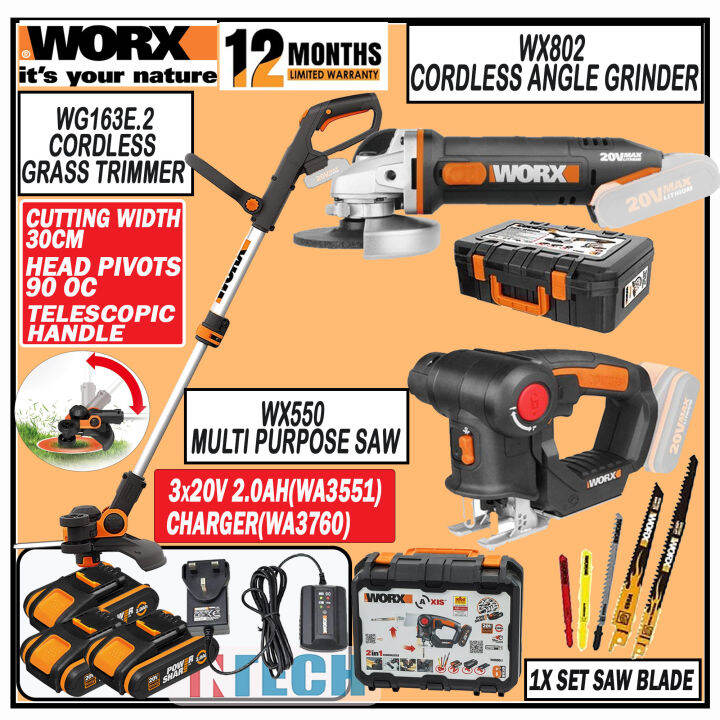 WORX COMBO SET WG163E.2 CORDLESS GRASS TRIMMER +WX550 MULTI PURPOSE SAW +WX802 CORDLESS ANGLE ...