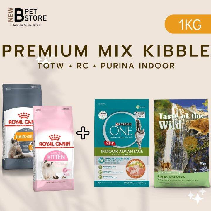 MIX KIBBLE (1KG) ROYAL CANIN HAIR & SKIN + PURINA INDOOR + TOTW TASTE ...