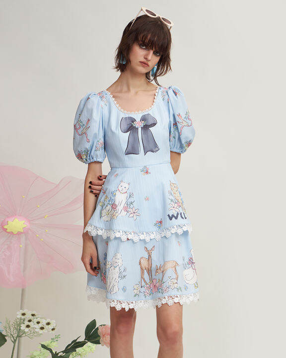 Wila-Ashley Dress เดรสแขนตุ๊กตา กระโปรงย้วย2ชั้น สีฟ้าพาสเทล พิมพ์ลาย ...