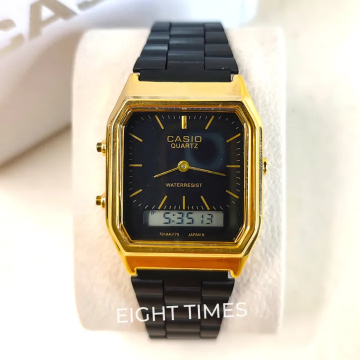 Casio A168W Black Gold Dual Time Stainless Steel Watch for Men and ...
