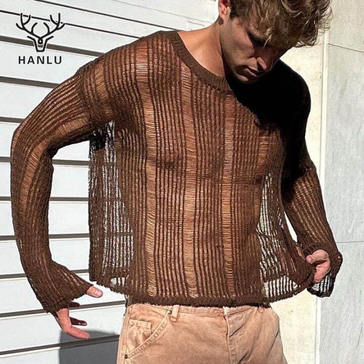 Hanlu เสื้อยืดใหม่แขนยาวเซ็กซี่สําหรับผู้ชาย เสื้อซับในเป็นสีทึบแฟชั่น ...