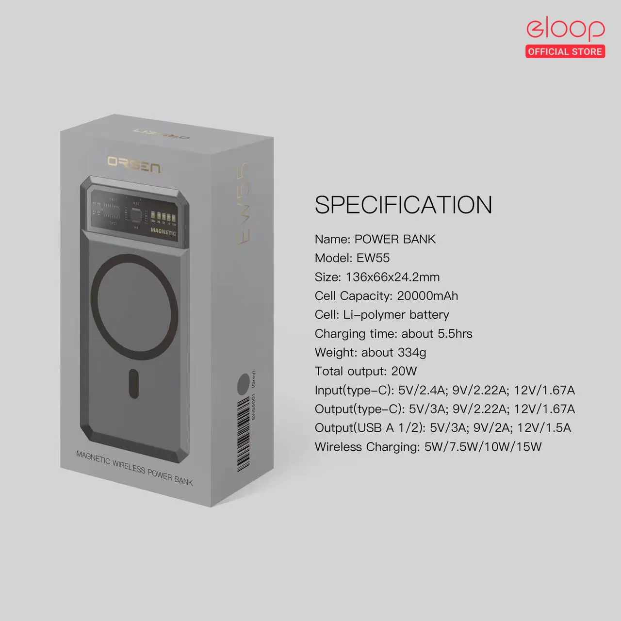 [มีของพร้อมส่ง] Eloop EW55 Magnetic 20000mAh แบตสำรองไร้สาย Battery ...