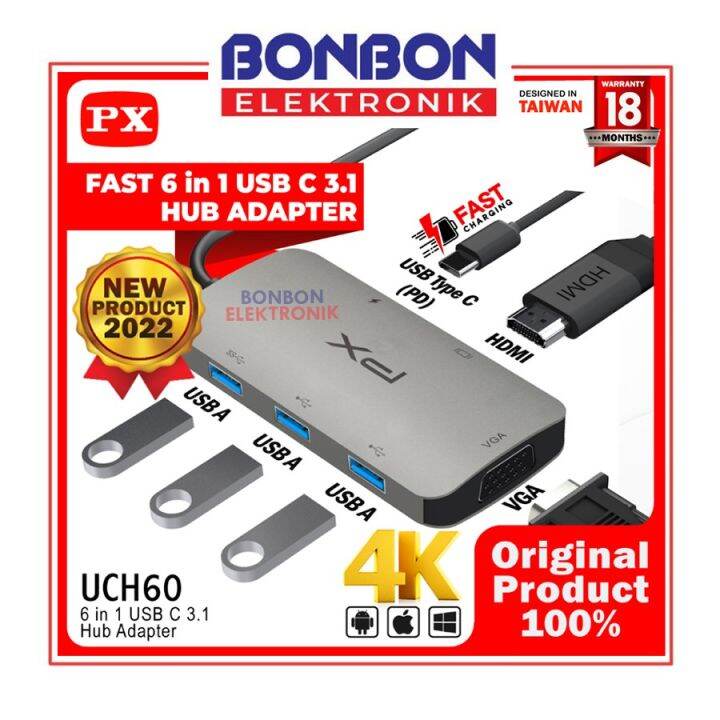 PX UCH60 Hub Converter USB Type C 3.1 to HDMI 4K VGA USB 6 in 1 | Lazada Indonesia