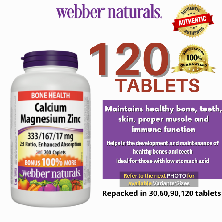 120 Tablets- Webber Naturals Calcium Magnesium Zinc 333/167/17mg ...