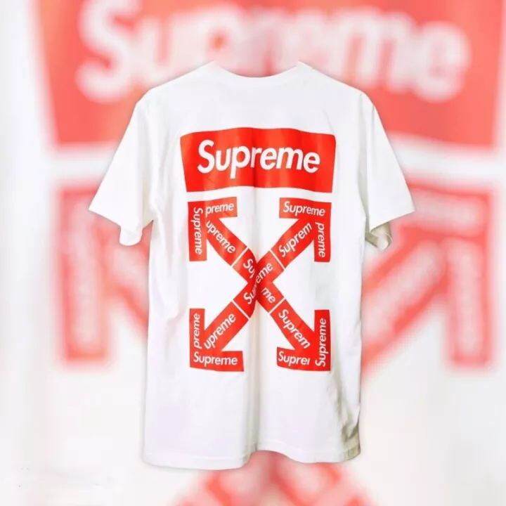 เสื้อยืดคอกลมแขนสั้นแฟชั่นพิมพ์ลายแบบเรียบง่าย Off white x Supreme ...