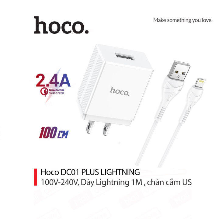 Bộ sạc Hoco DC01 Plus chân cắm dẹt sạc nhanh 2.4A kèm dây sạc dài 1M ...